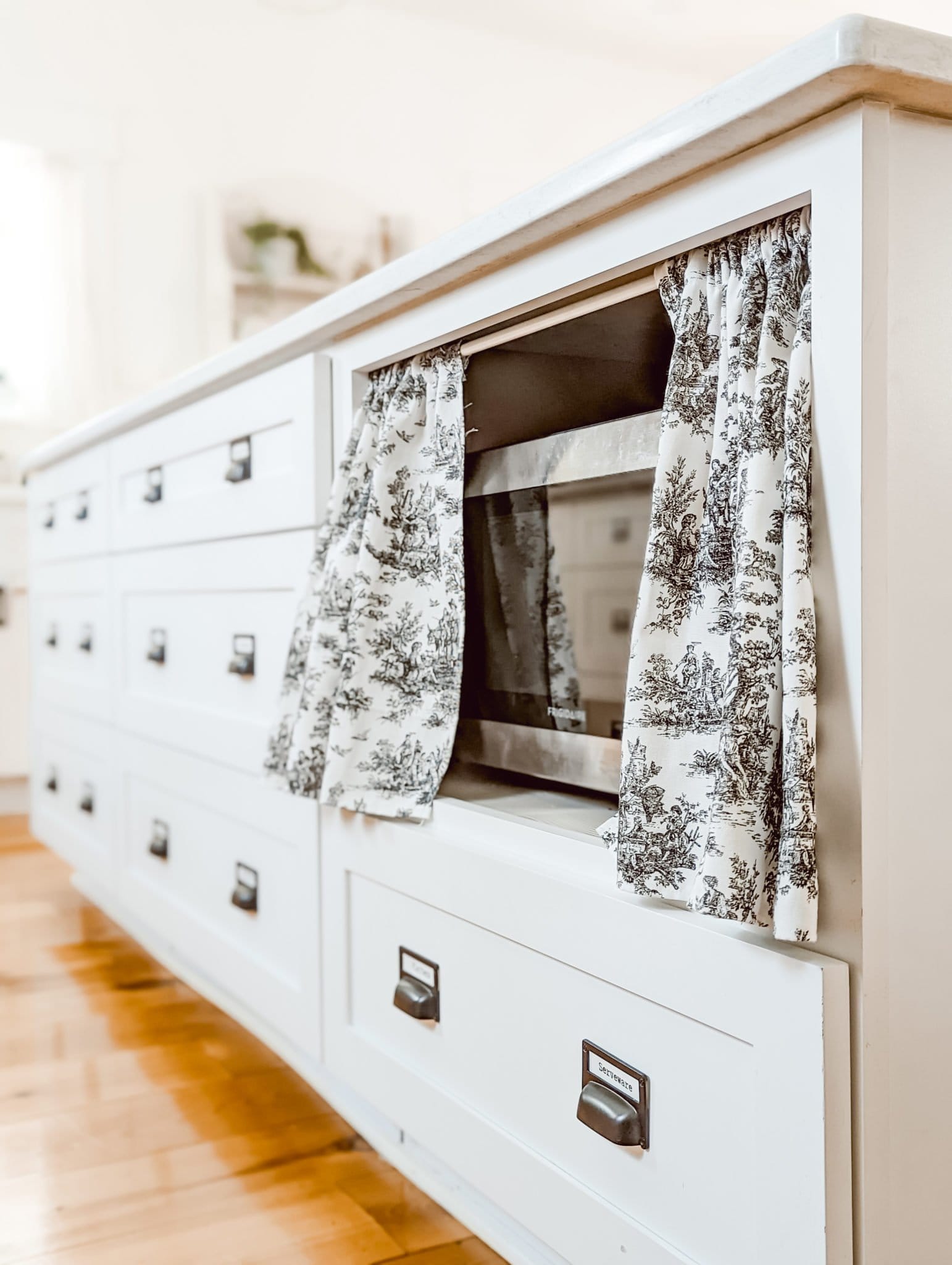 DIY Kitchen Cabinet Curtains - White and Woodgrain