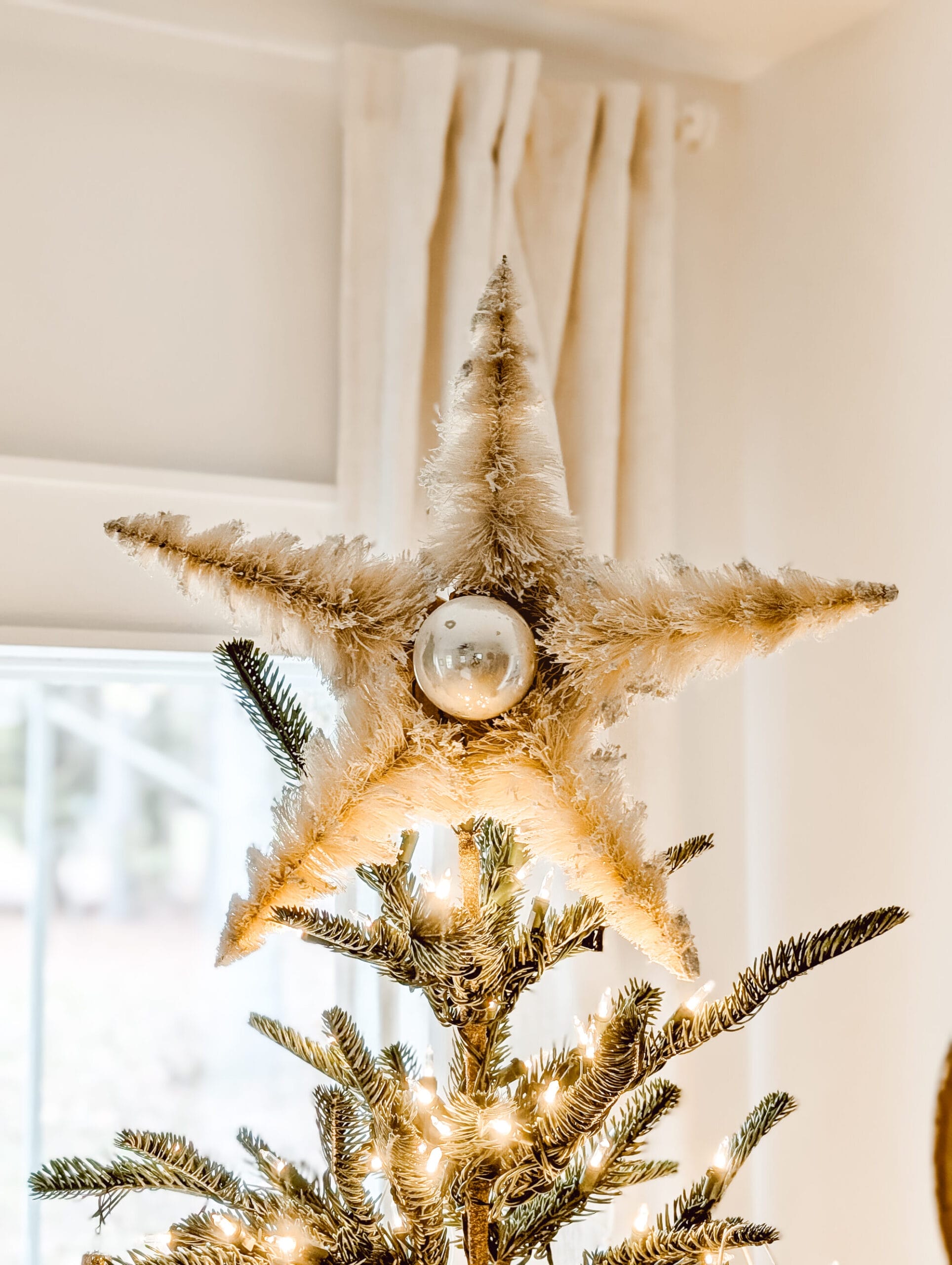 DIY Vintage Bottle Brush Christmas Tree Topper White and Woodgrain